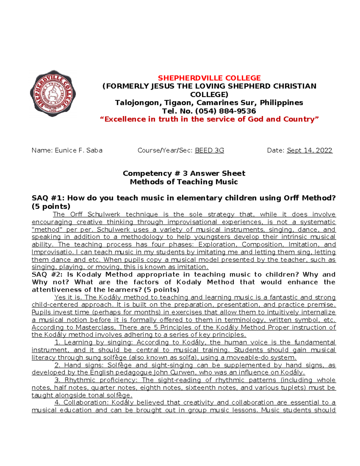 Answersheet #3 - Module - SHEPHERDVILLE COLLEGE (FORMERLY JESUS THE ...