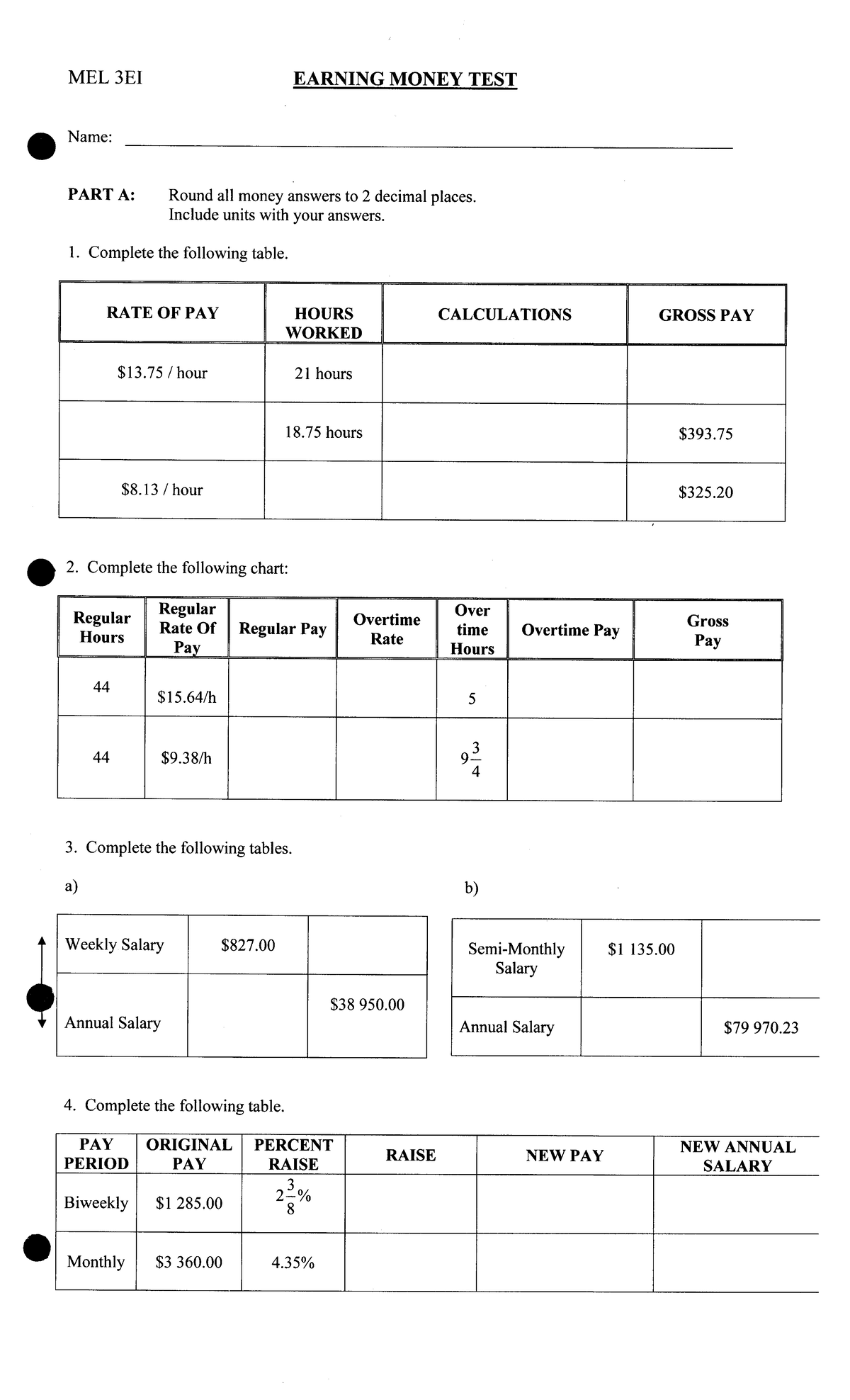 Earning Money Test plus Solutions - MEL3E EARNING MONEY TEST . Name ...