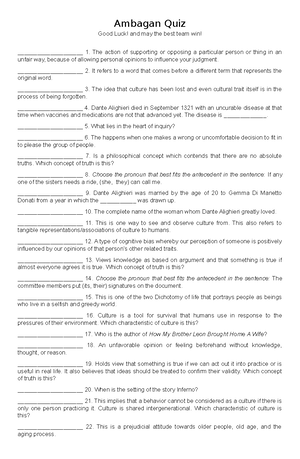 Ambagan Quiz (G7) - Summary Teacher Education - Ambagan Quiz May the ...