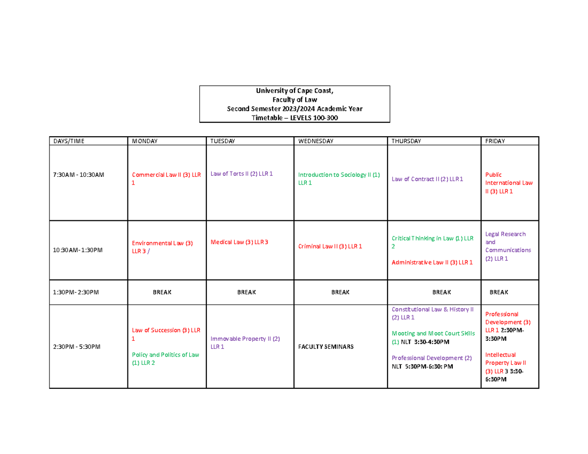 1715259019743 1715258896815 9.5.24 updated Second Semester TIME Table - 20232024 - Levels 100 ...