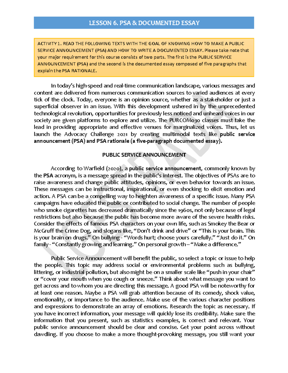 Lesson 6. steps for PSA & Documented Essay - In today’s high-speed and ...