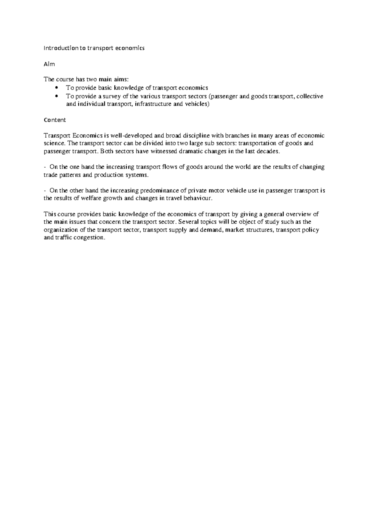 Summary Introduction to Transport Economics: complete - Introduction to ...