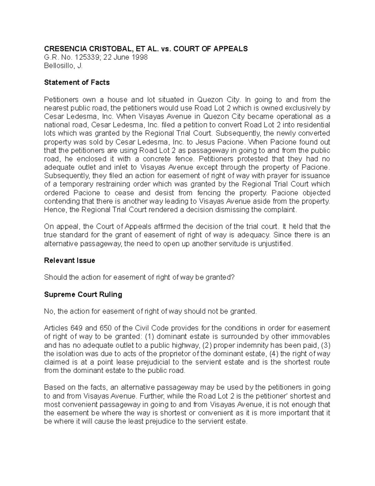 Civil Law Review Case Digest - CRESENCIA CRISTOBAL, ET AL. vs. COURT OF ...