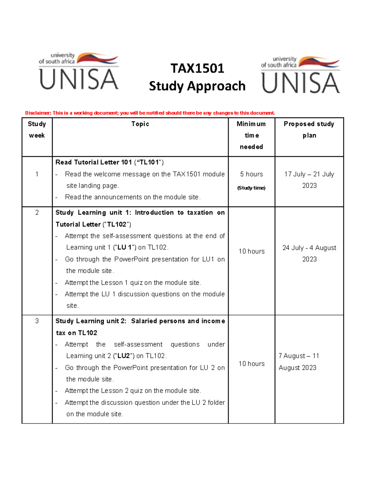 TAX1501 Study Plan 2023 Semester 2 - TAX Study Approach Disclaimer ...