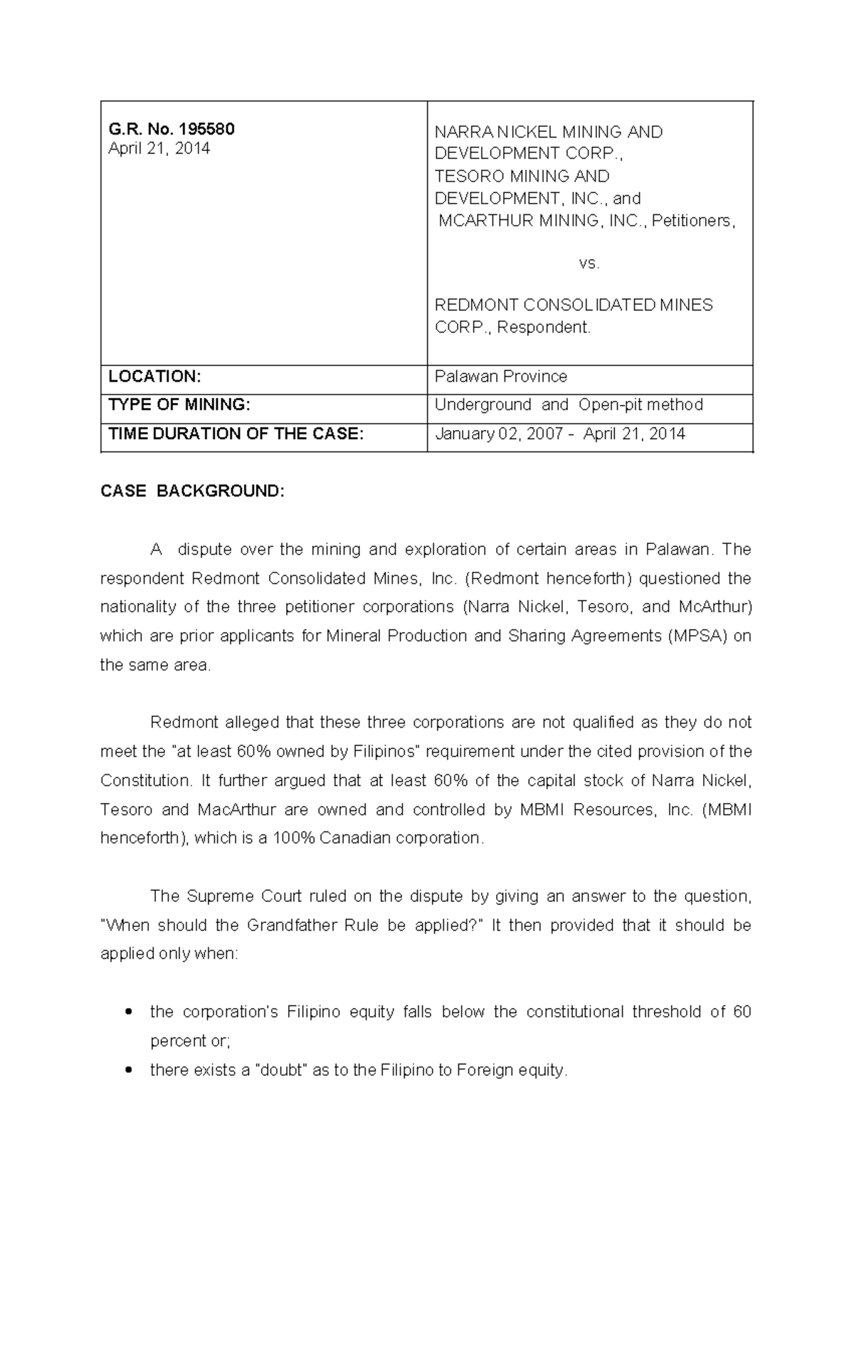 2014-envi - notes - G. No. 195580 April 21, 2014 NARRA NICKEL MINING ...