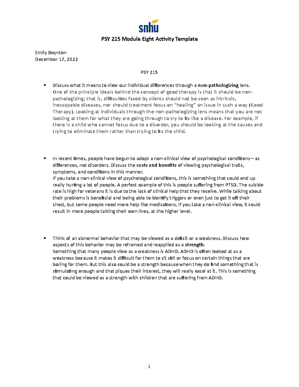 PSY 215 Module Eight Activity Template - PSY 215 Module Eight Activity Template Emily Boynton ...