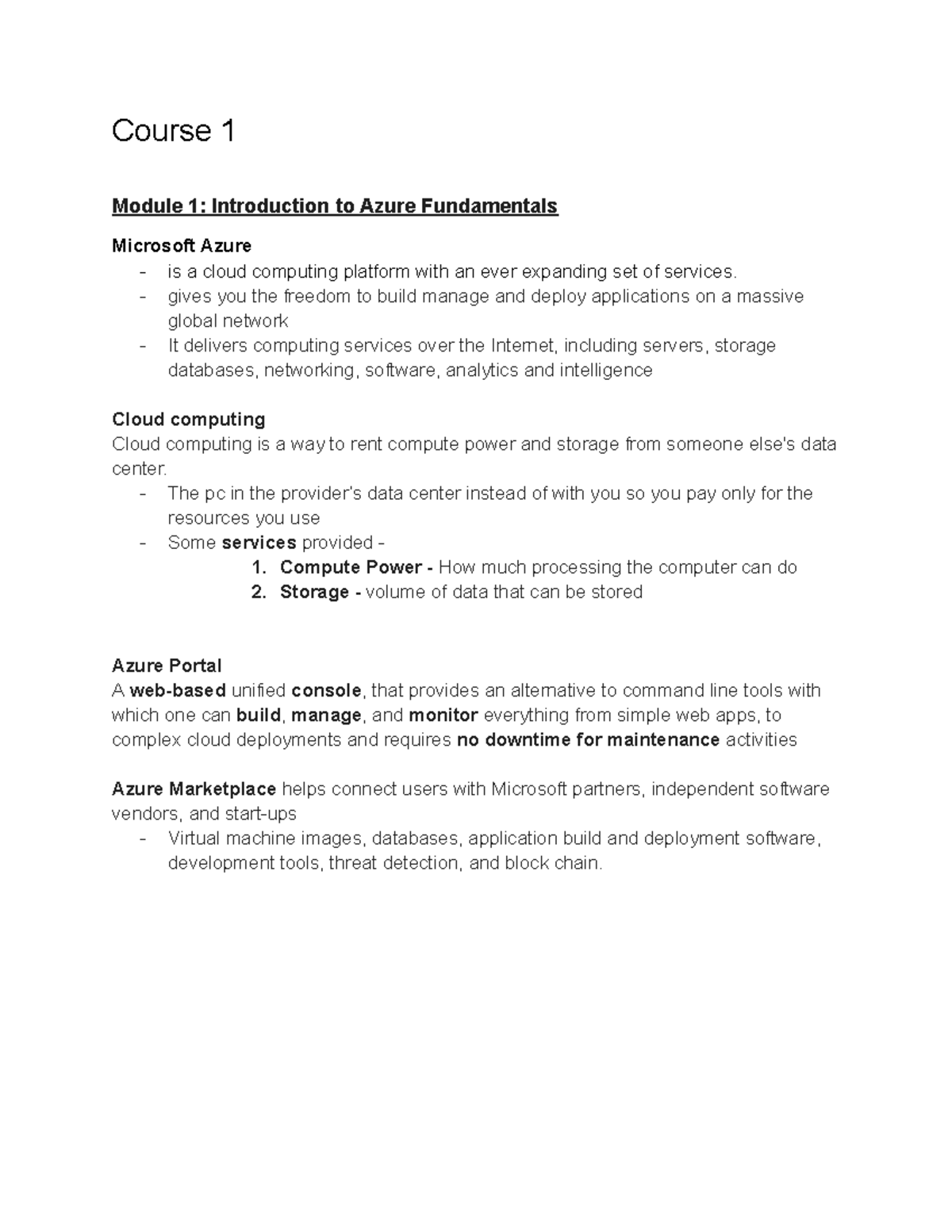Azure Fundamentals Course 1 short notes - Course 1 Module 1 ...
