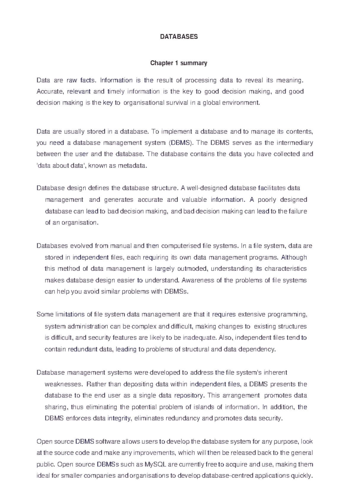 Lecturer'S Summary - DATABASES Chapter 1 summary Data are raw facts ...