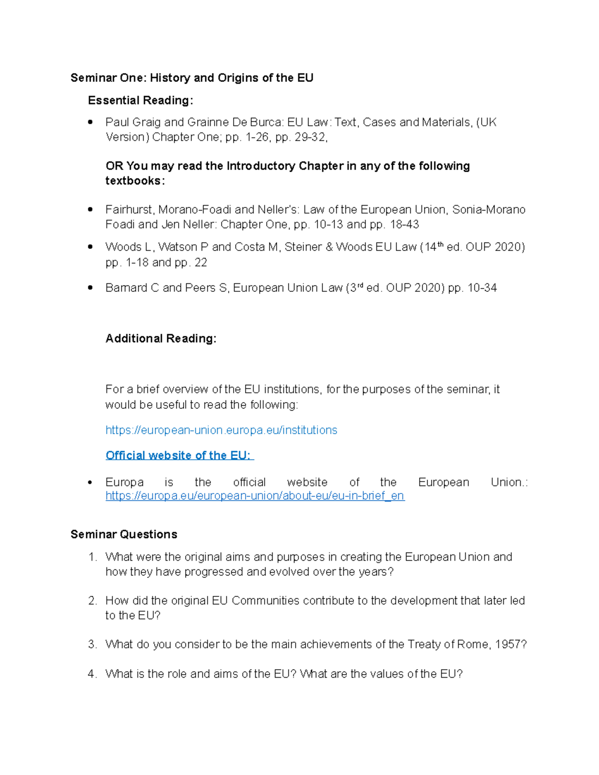 Seminar 1-History and Origins of the EU - Seminar One: History and ...