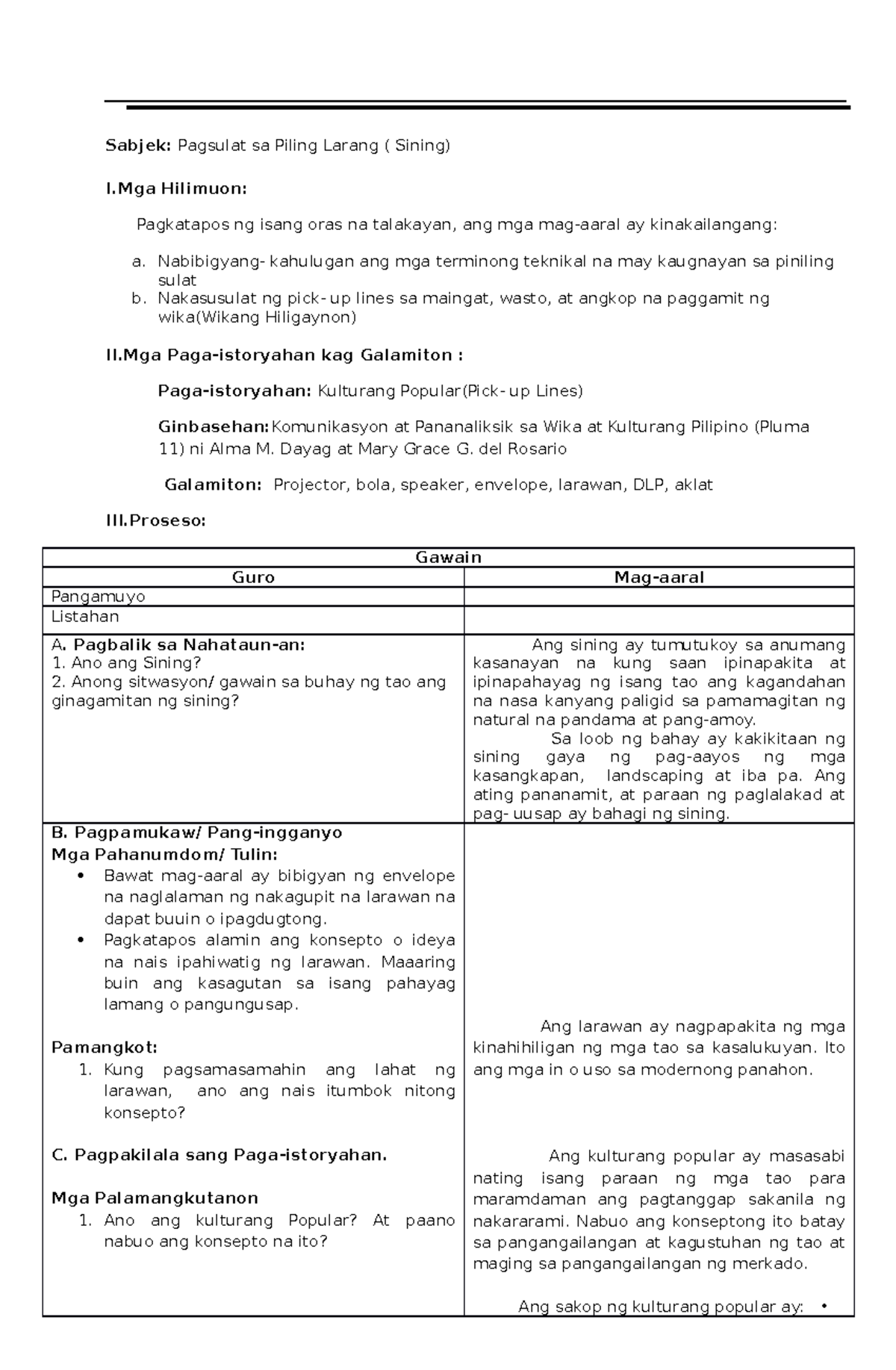 383559619 Lesson Plan Hiligaynon - Sabjek: Pagsulat sa Piling Larang ...