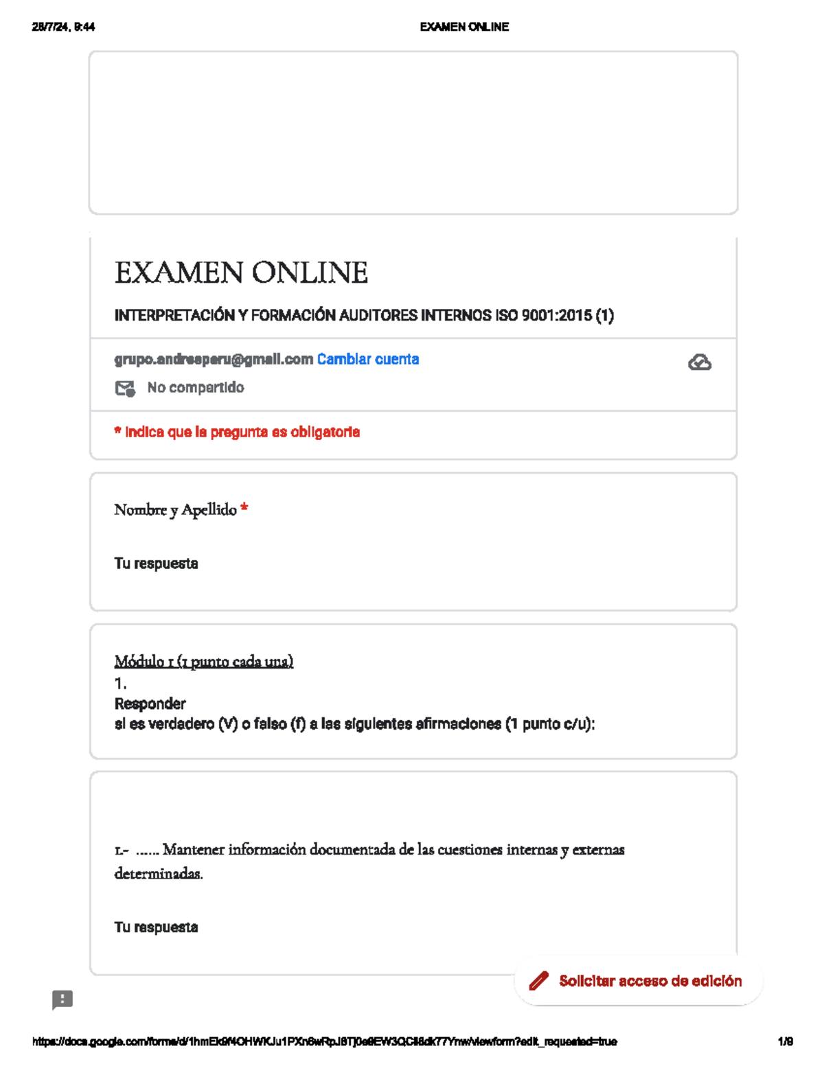 Examen PARA Auditor Interno ISO 9001 - 9:44 EXAMEN ONLINE EXAMEN ONLINE ...