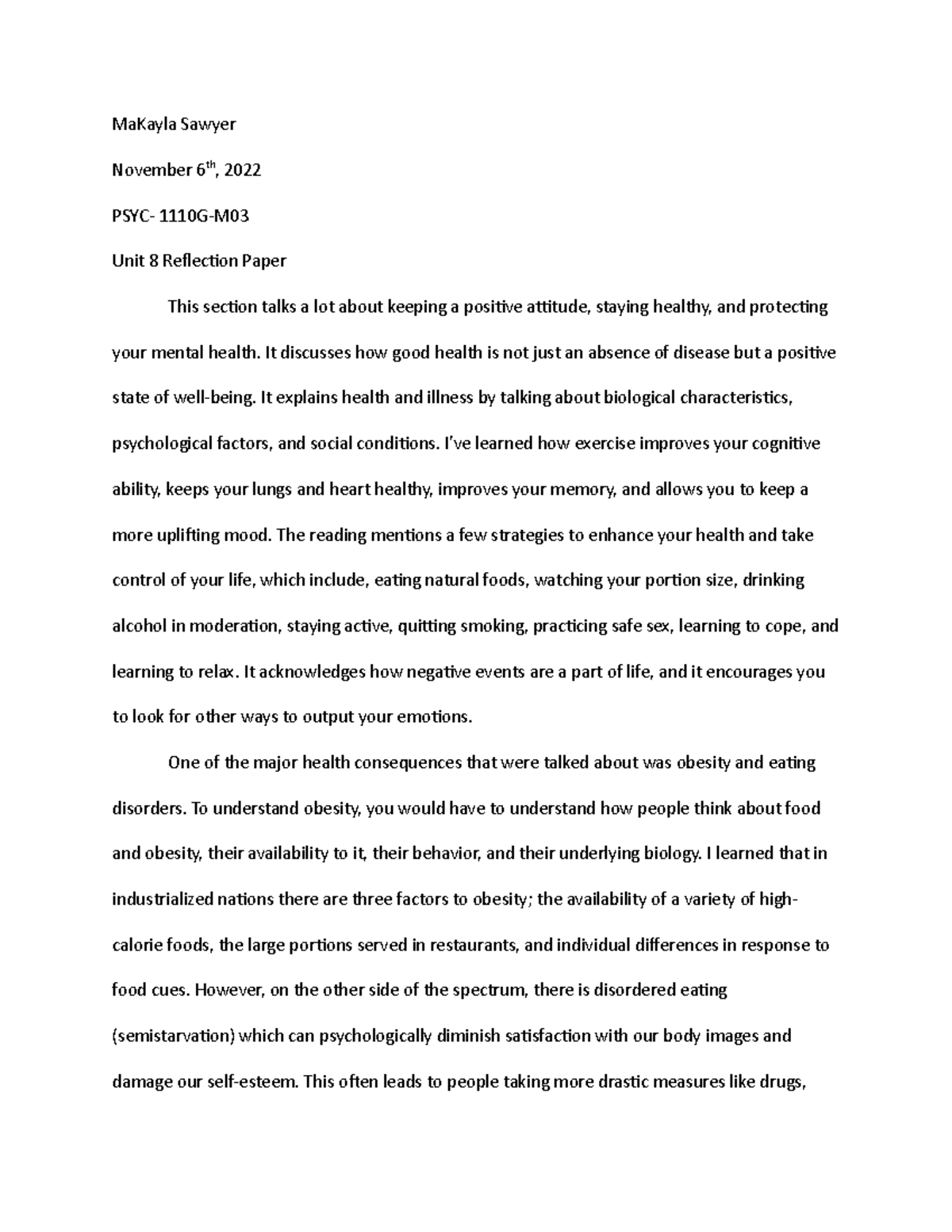 Unit 8 Reflection Paper - MaKayla Sawyer November 6th, 2022 PSYC- 1110G ...
