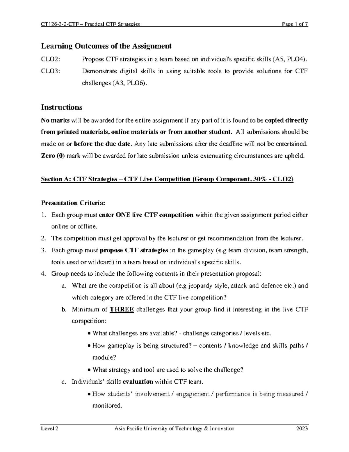 4 CTF Assignment Marking Rubric- 072023 v4 - MHH - Learning Outcomes of the Assignment CLO 2 ...