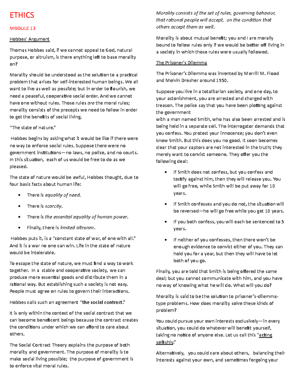 Ethics Module 13&14 - reviewer - ETHICS MODULE 13 Hobbes' Argument ...