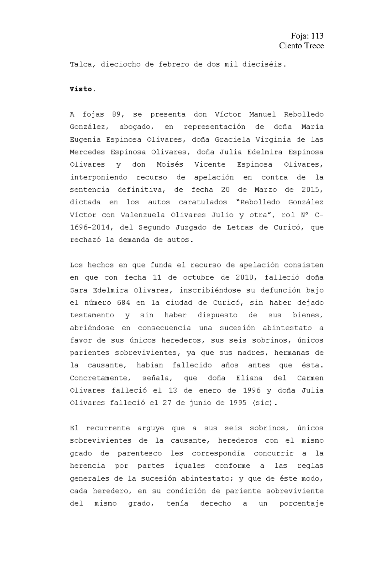 Sentencia representación y órdenes sucesorios - Foja: 113 Ciento Trece ...