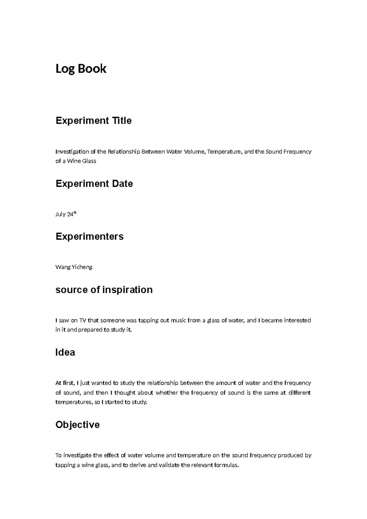 王奕程 Log Book - wonderful!!!!! - Log Book Experiment Title Investigation ...