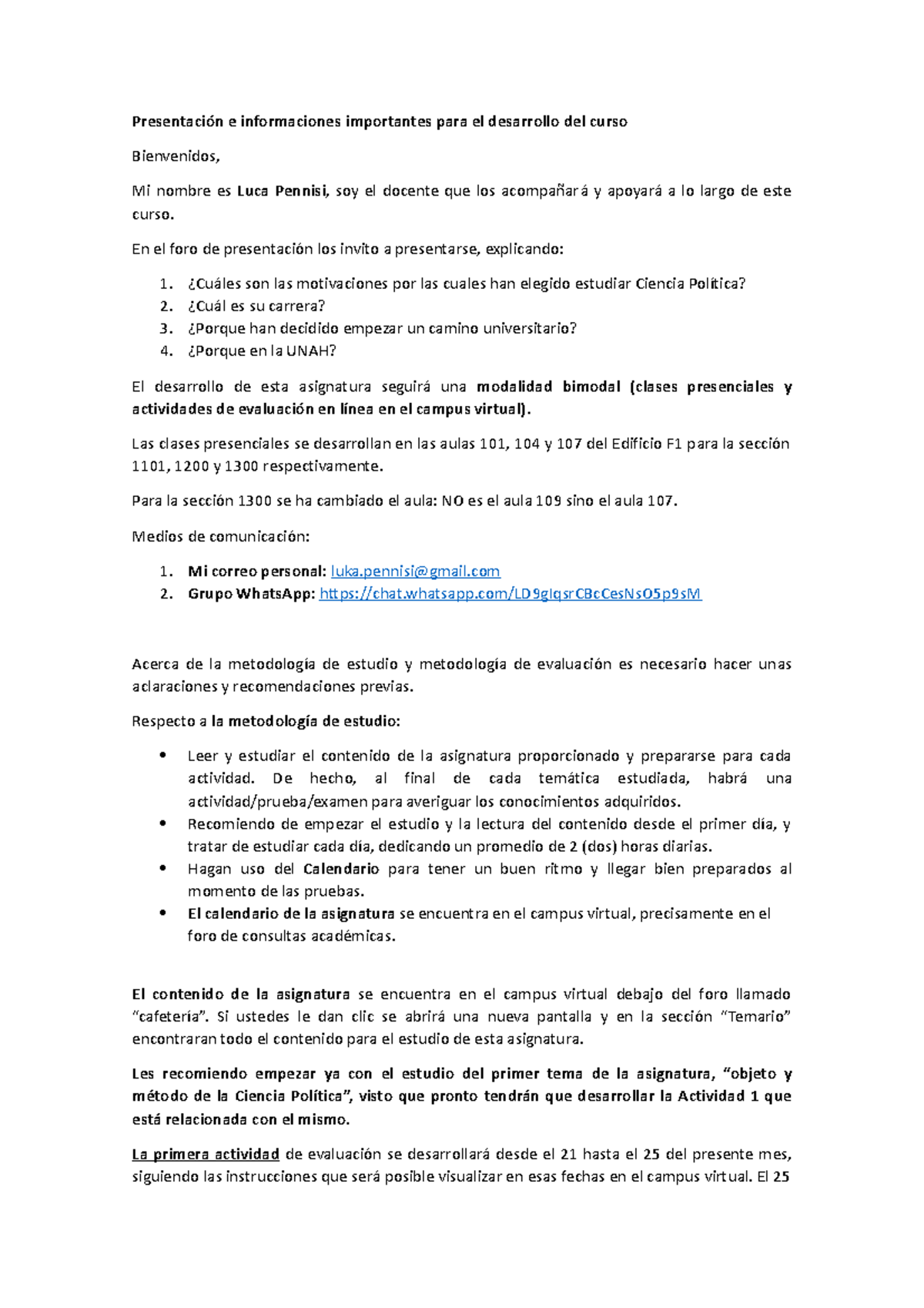 Presentación e informaciones importantes para el desarrollo del curso ...