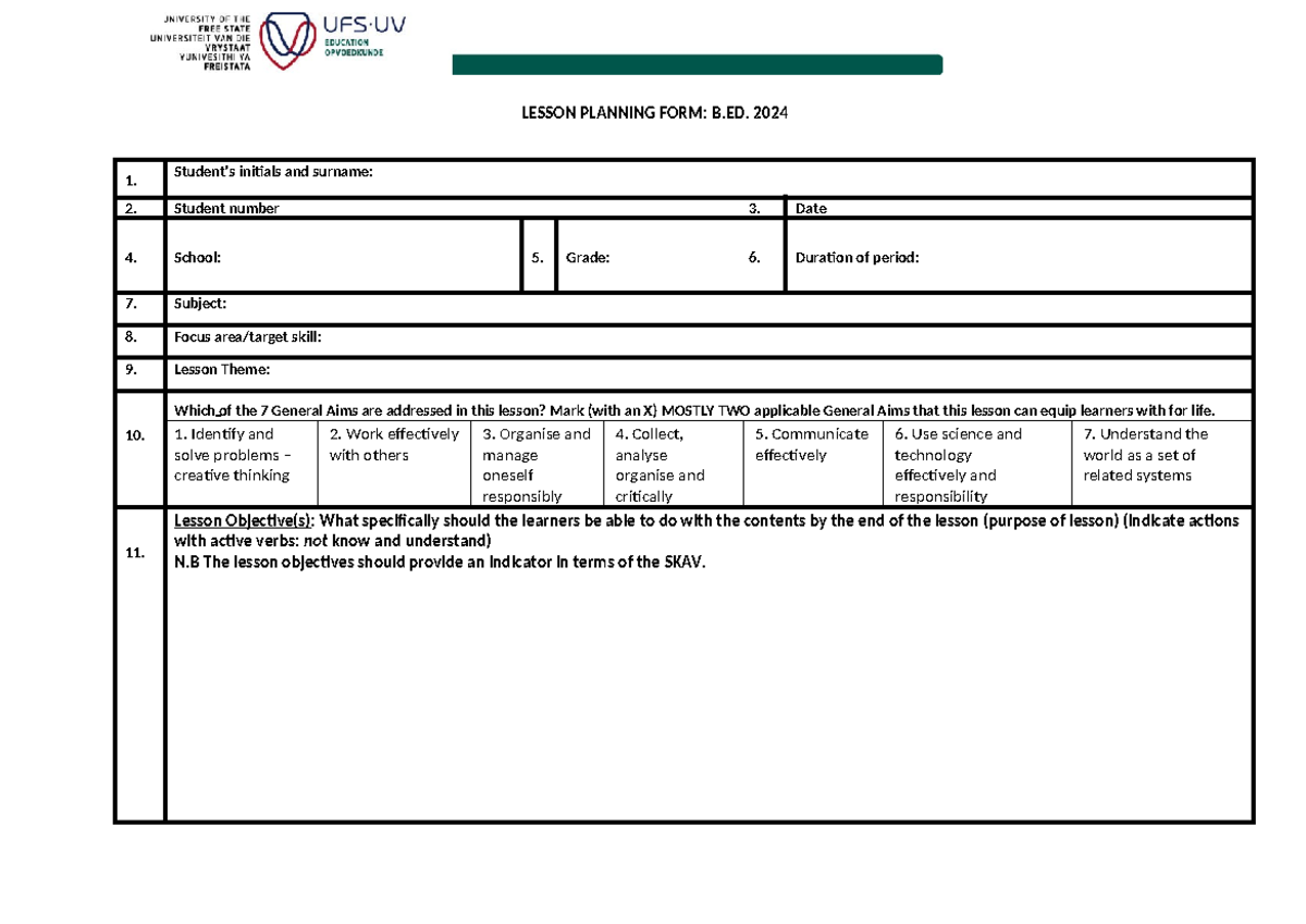 Lesson Planning FORM 2024 - LESSON PLANNING FORM: B. 2024 1. Student’s ...