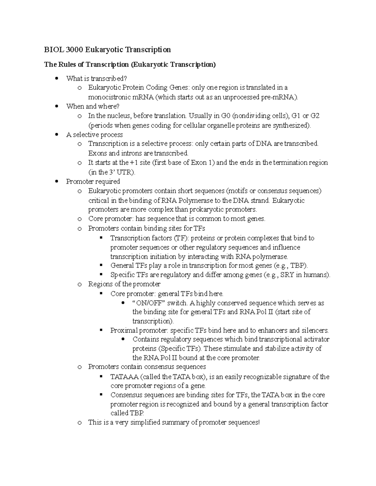 BIOL 3000 Eukaryotic Transcription - BIOL 3000 Eukaryotic Transcription ...