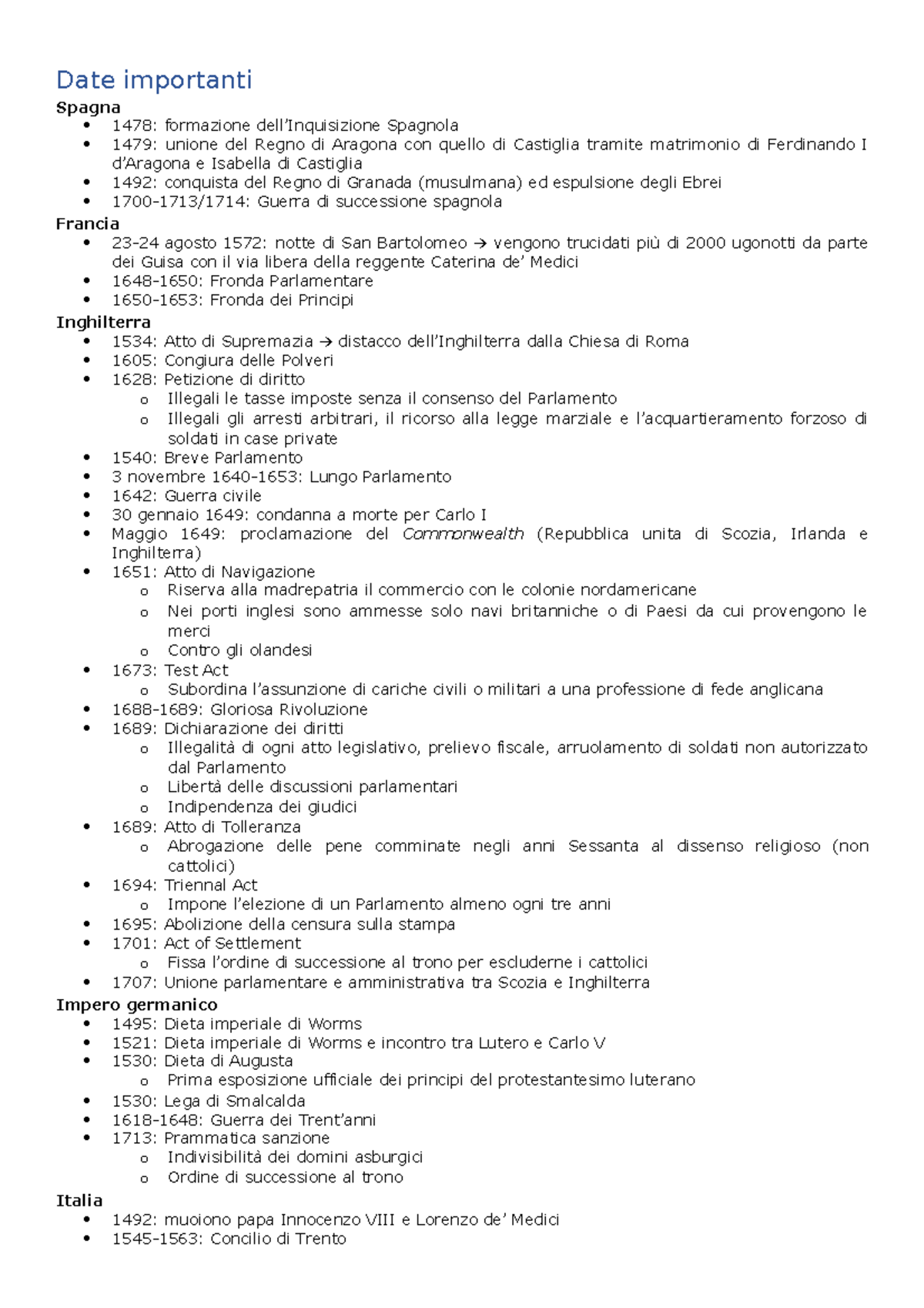 Riassunto delle date più importanti di storia moderna e delle dinastie ...