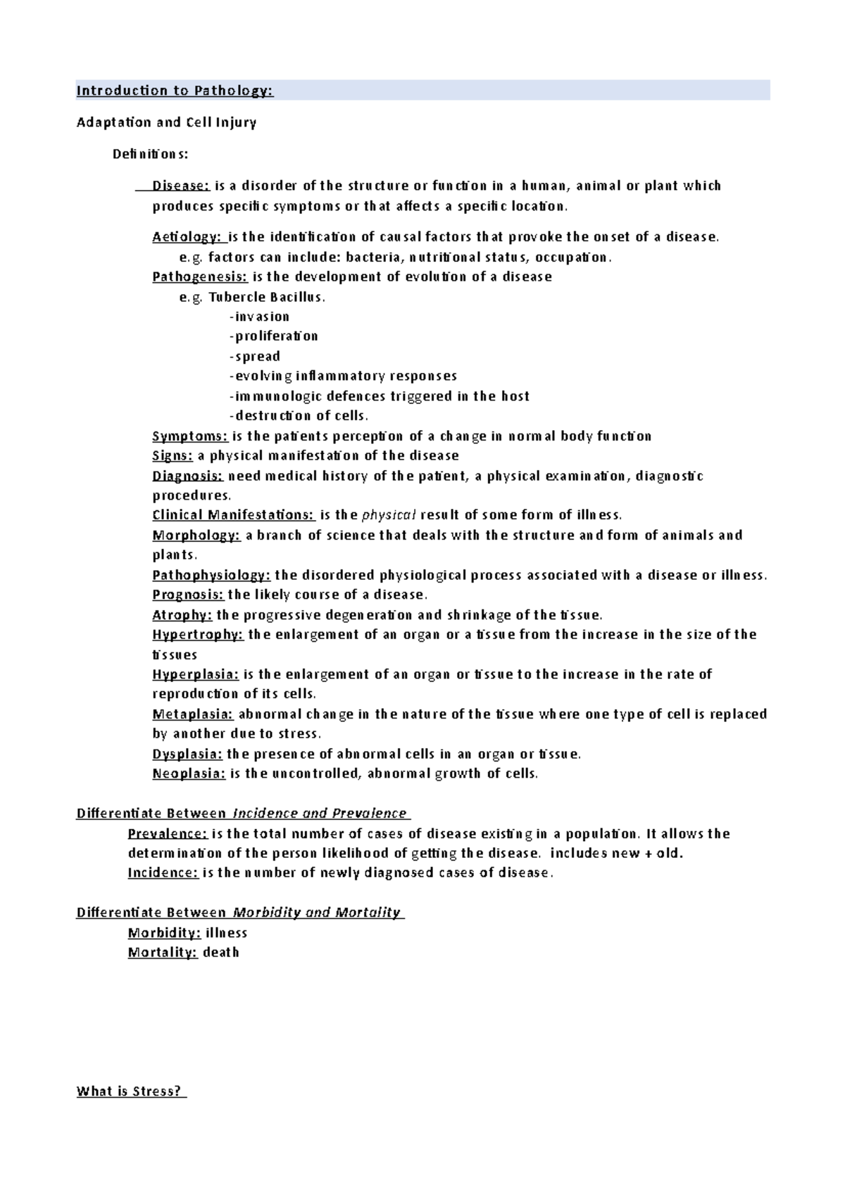 Pathology topics 1-3 - Introduction to Pathology: Adaptation and Cell ...