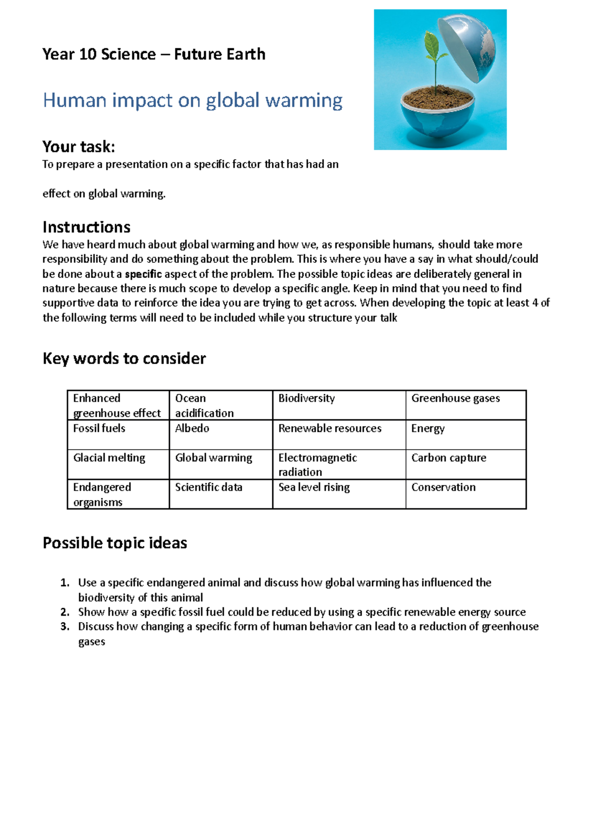 Impact of Climate Change Talk - Year 10 Science – Future Earth Human ...