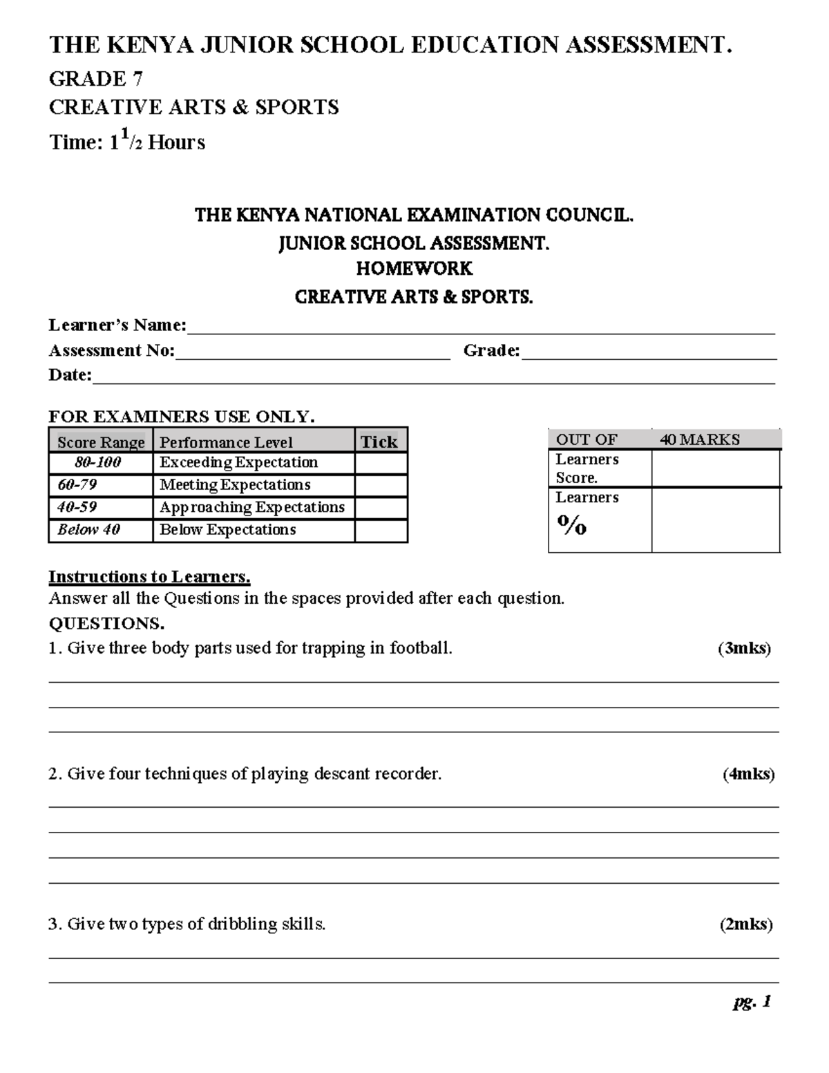 G7 Creative Arts & Sports - THE KENYA JUNIOR SCHOOL EDUCATION ...