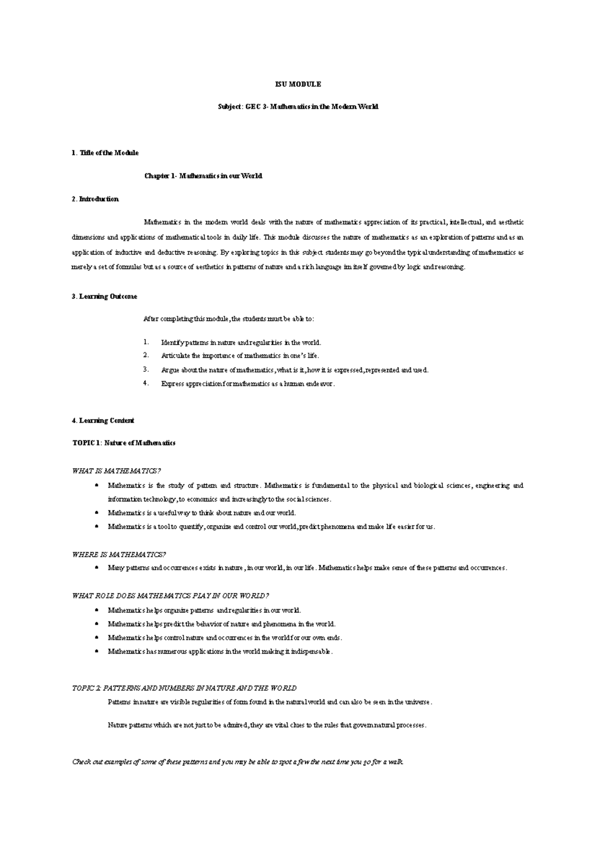 Mathematics In The Modern World Title Of The Module Chapter 1