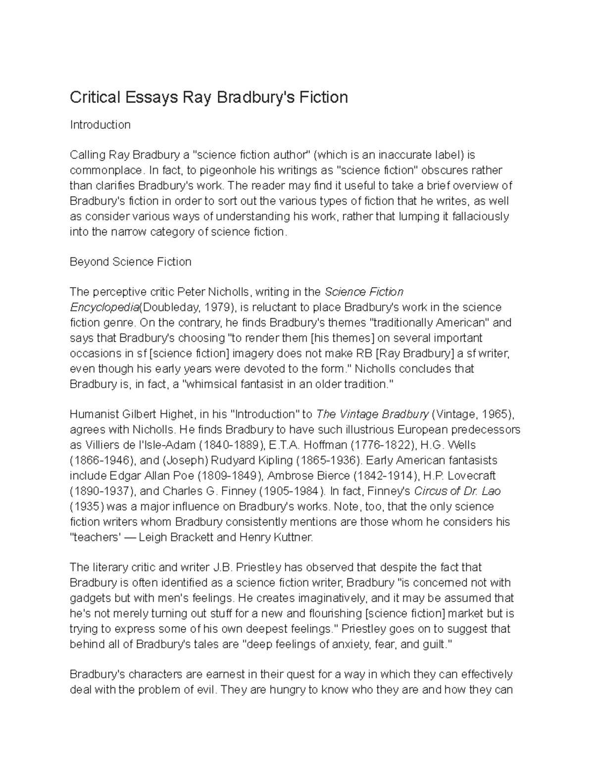 Critical Essays Ray Bradbury's Fiction - Critical Essays Ray Bradbury's ...