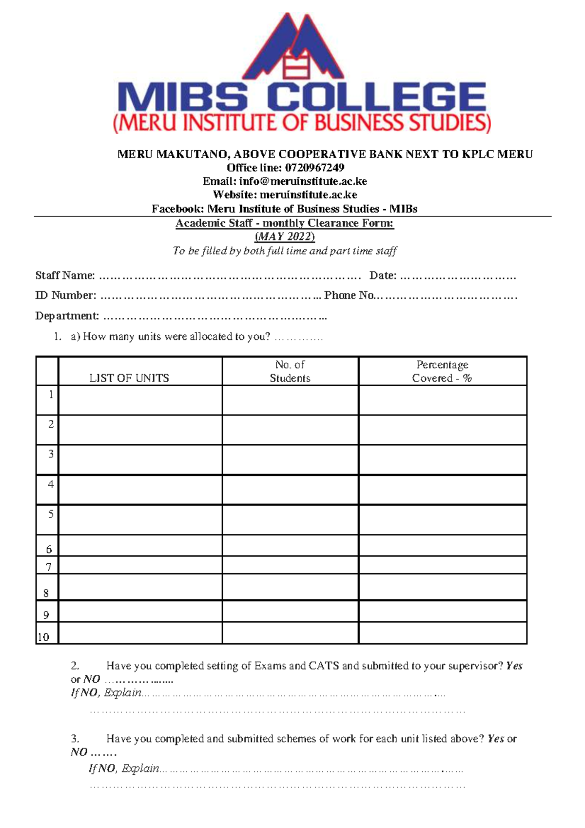 Lecturer Monthly Clearance Form - MERU MAKUTANO, ABOVE COOPERATIVE BANK ...