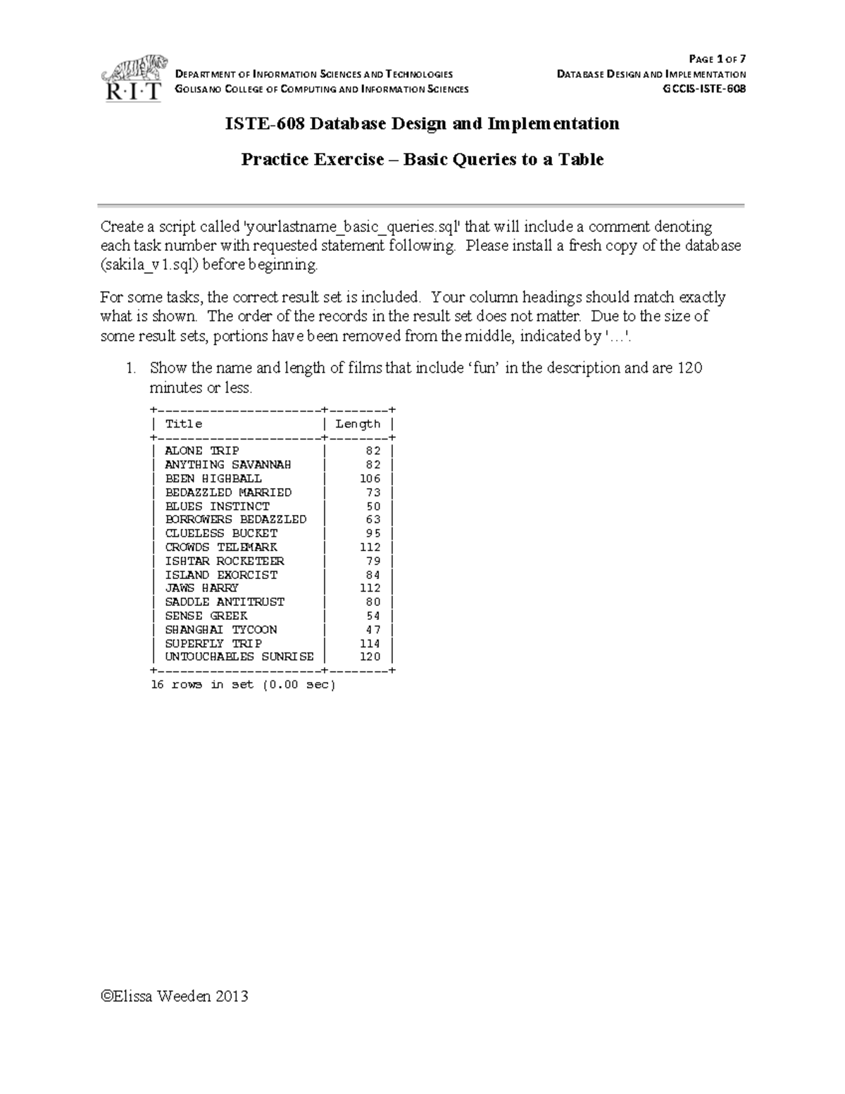 Practice Basic queries to a table - DEPARTMENT OF INFORMATION SCIENCES ...
