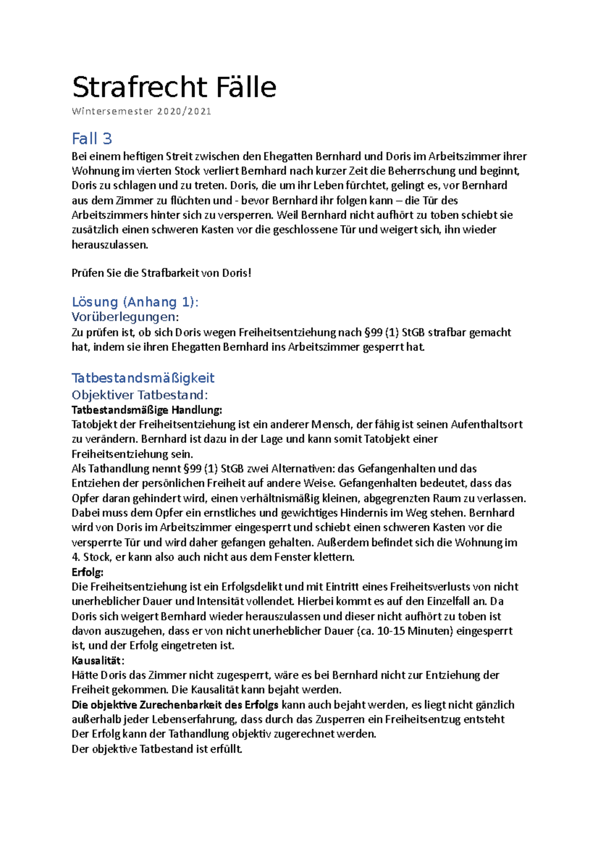 Strafrecht Fall3 Angabe Lösung - Strafrecht Fälle Wintersemester 2020 ...