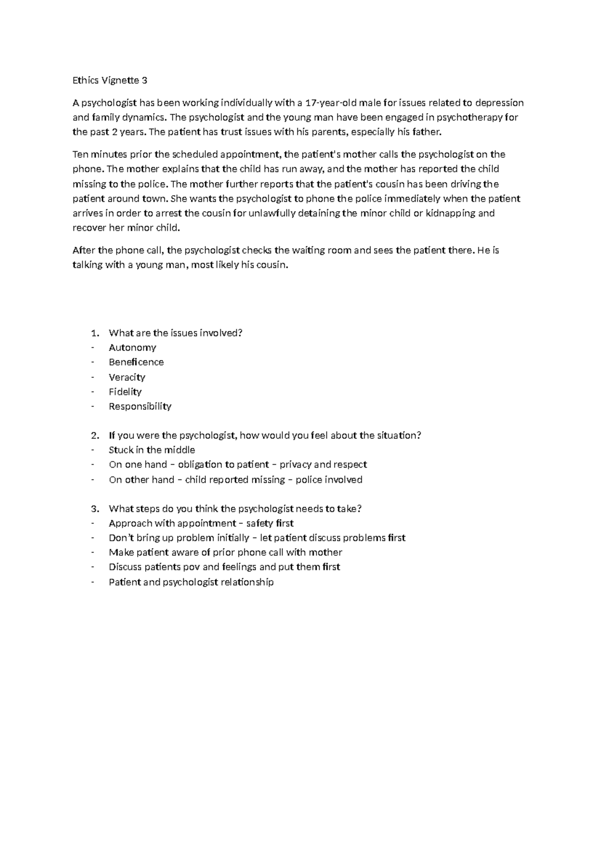 Ethics Vignette 3 - The psychologist and the young man have been ...