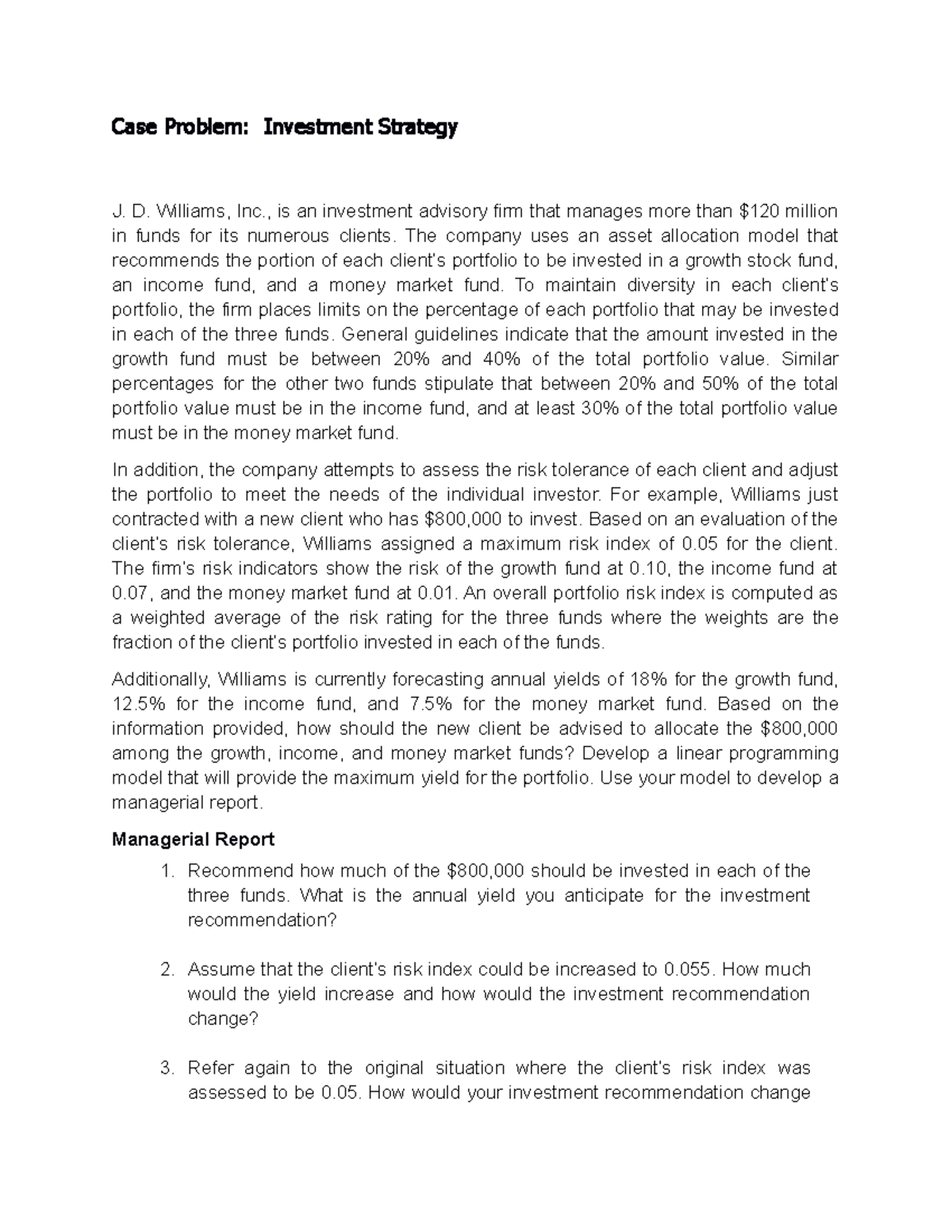 Case Problem Linear Programming and Sensitivity Analysis - Case Problem ...