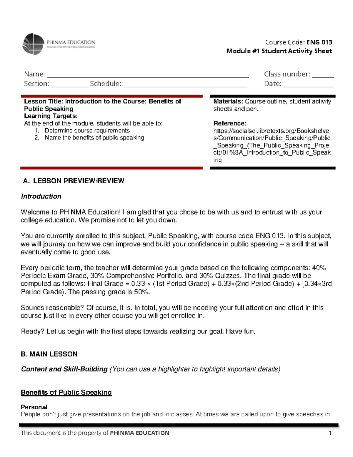 ENG 013 SAS #1 - none - Course Code: ENG 013 Module #1 Student Activity ...