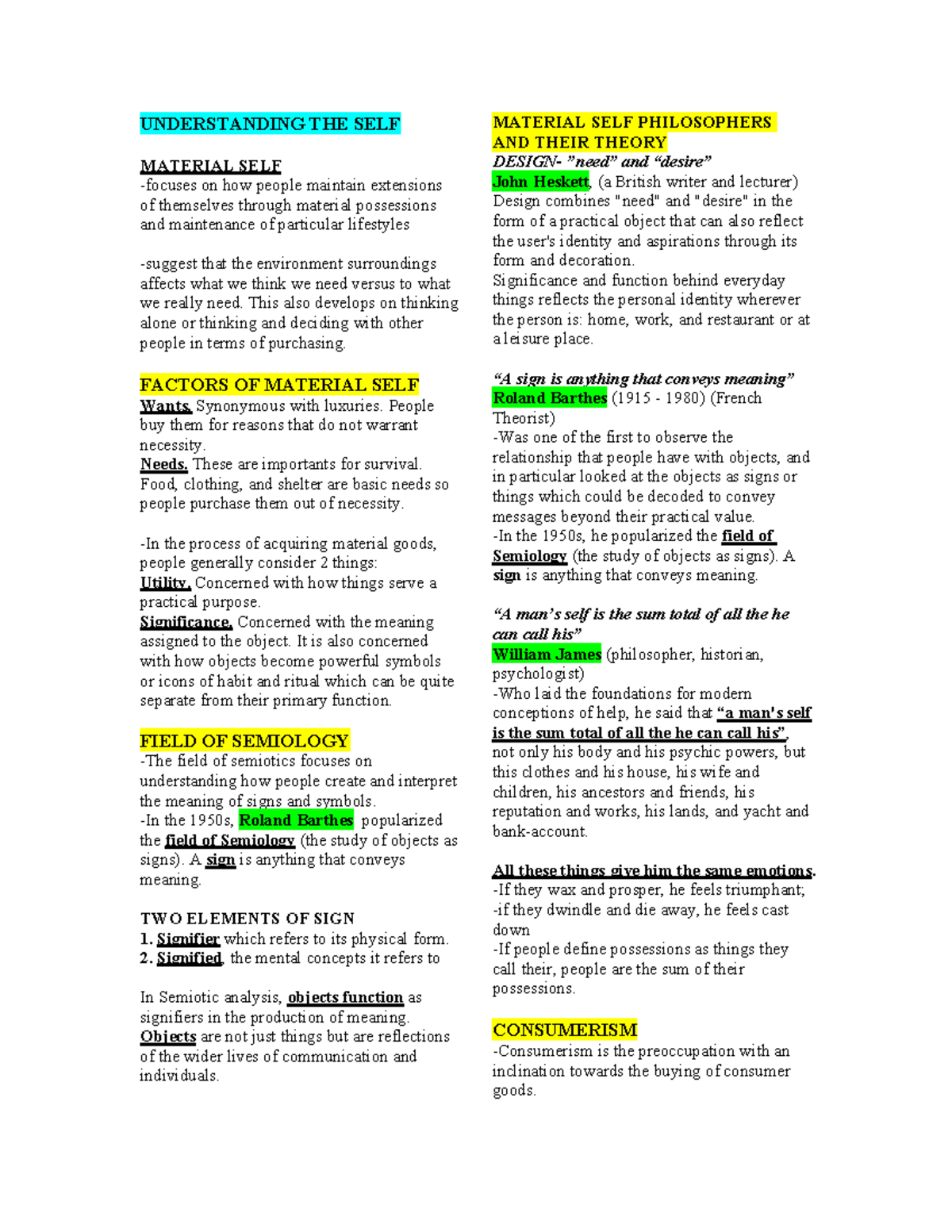 UTS Finals Reviewer - UNDERSTANDING THE SELF MATERIAL SELF focuses on ...