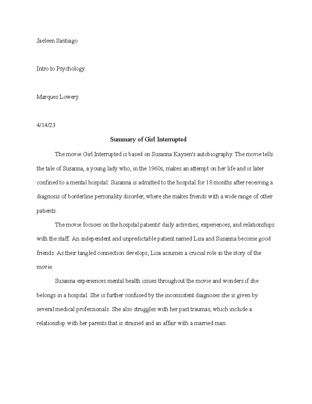 Summary Of Girl Interrupted - Jaeleen Santiago Intro to Psychology ...