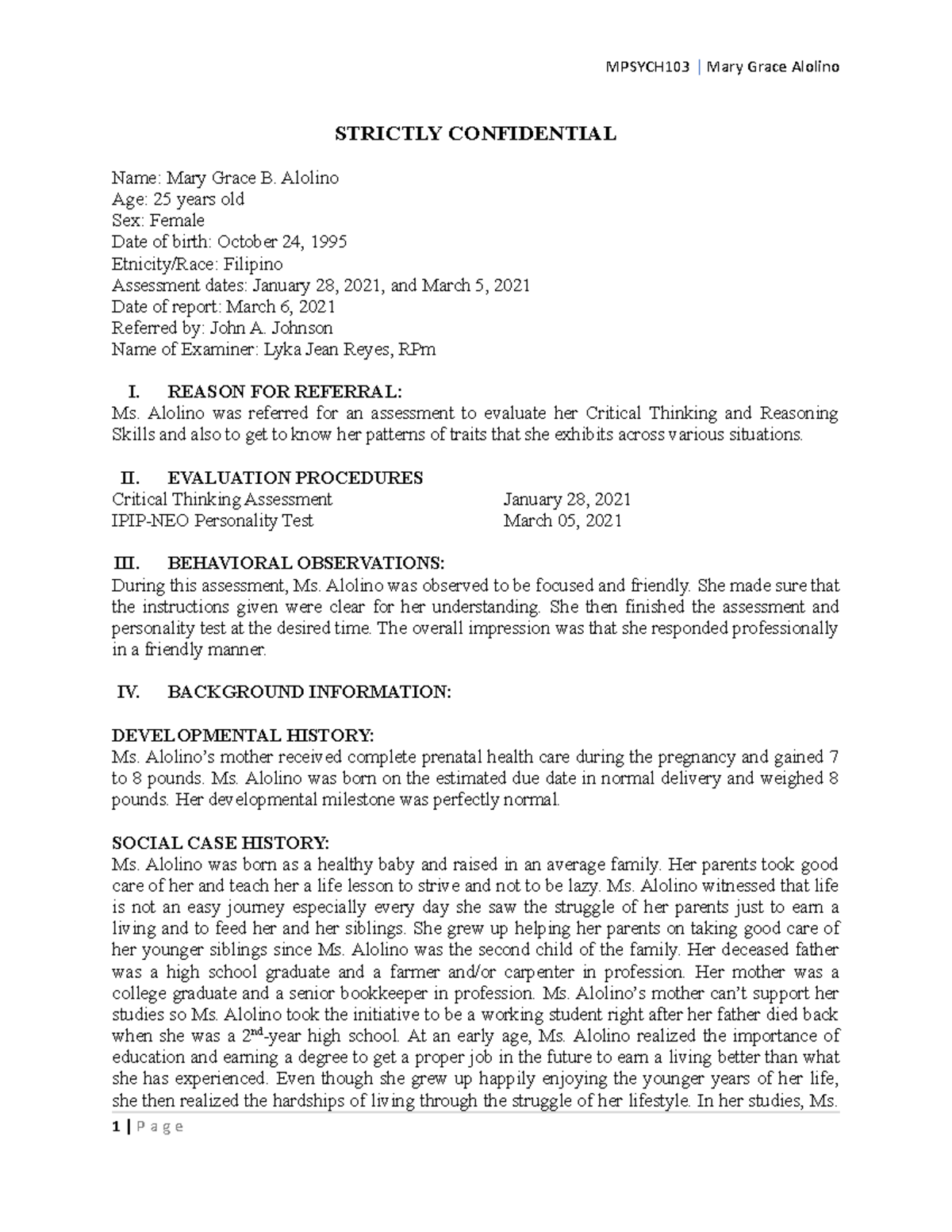 Alolino's Output - Psychometric Report psychological asssessment ...