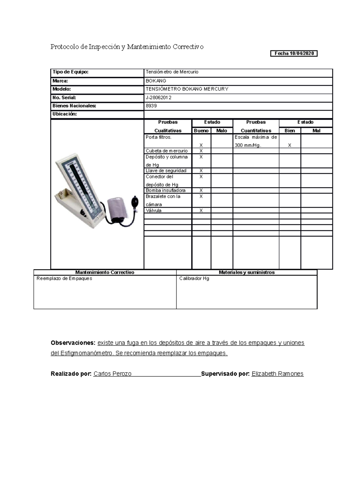 Protocolo de Inspección y Mantenimiento Preventivo y correctivo de un ...