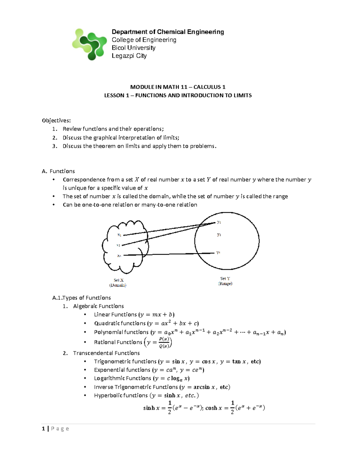 Lesson 1 - Functions and Introduction to Limits - MODULE IN MATH 11 ...