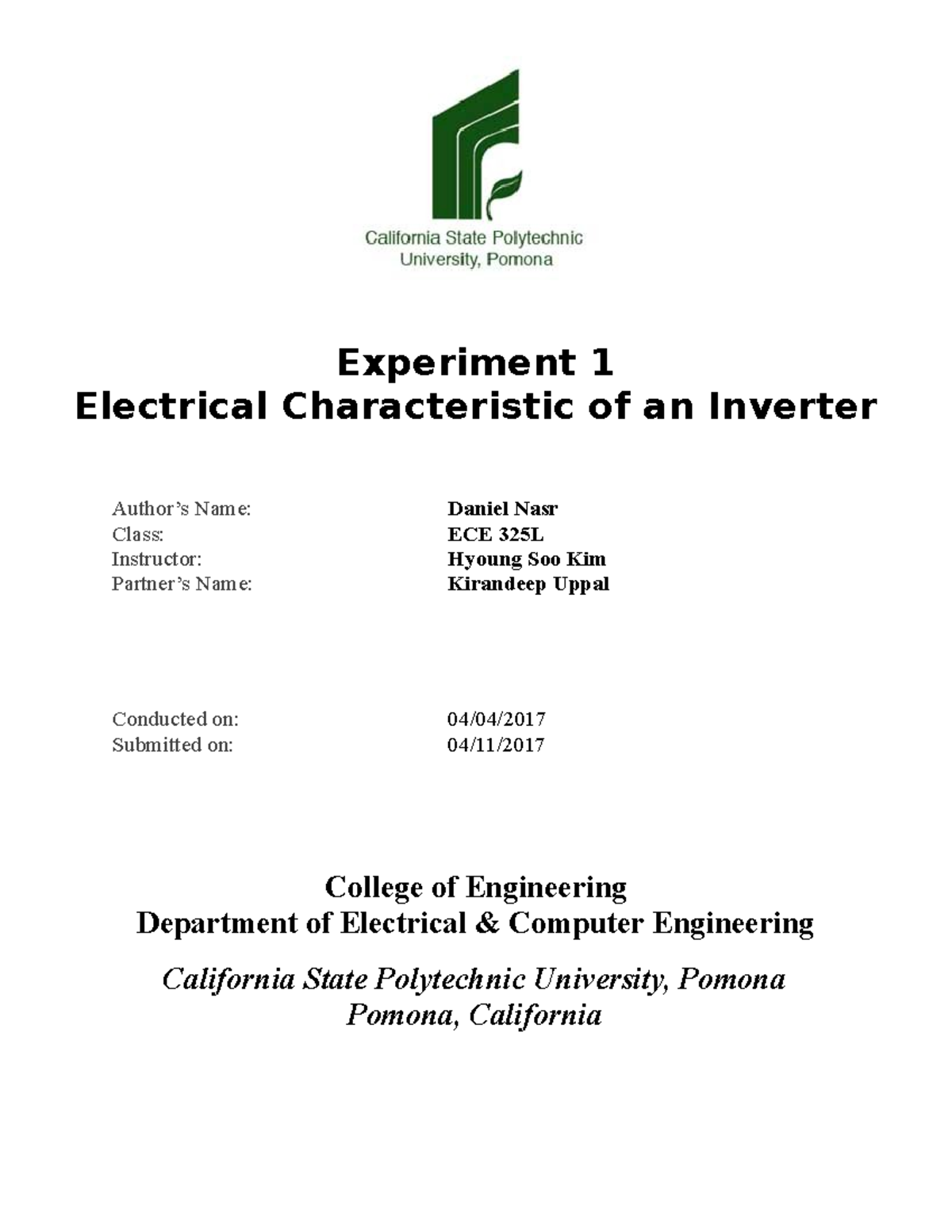 Lab 1 - Lab 1 Report - Experiment 1 Electrical Characteristic of an ...
