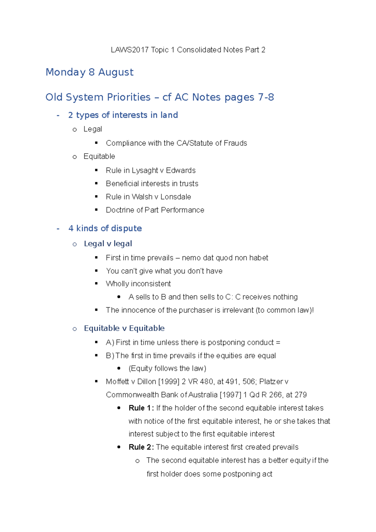 LAWS2017 Topic 1 Consolidated Notes Part 2 - , case of land sold with a ...