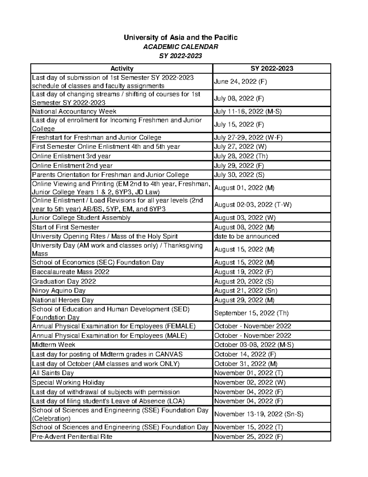 UA&P Academic Calendar SY2022-2023 - Activity SY 2022- Last day of ...
