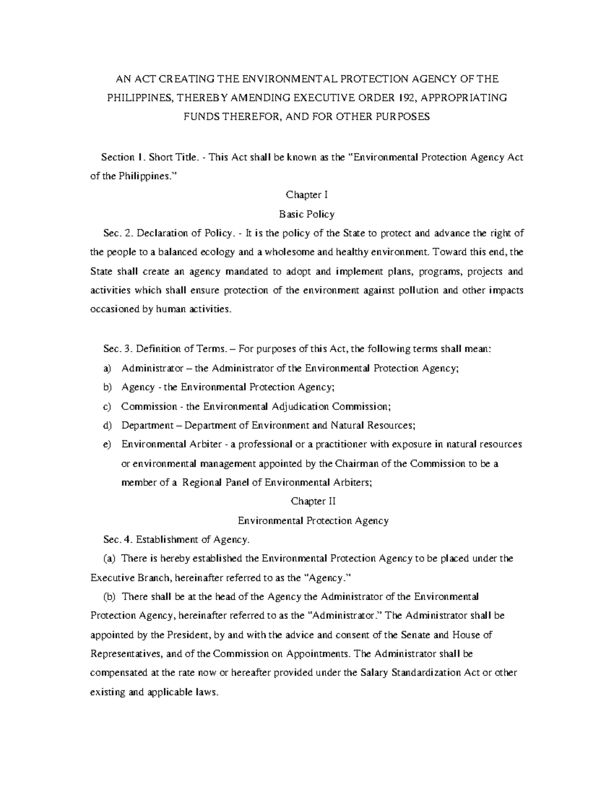 Environmental Protection Agency - AN ACT CREATING THE ENVIRONMENTAL ...