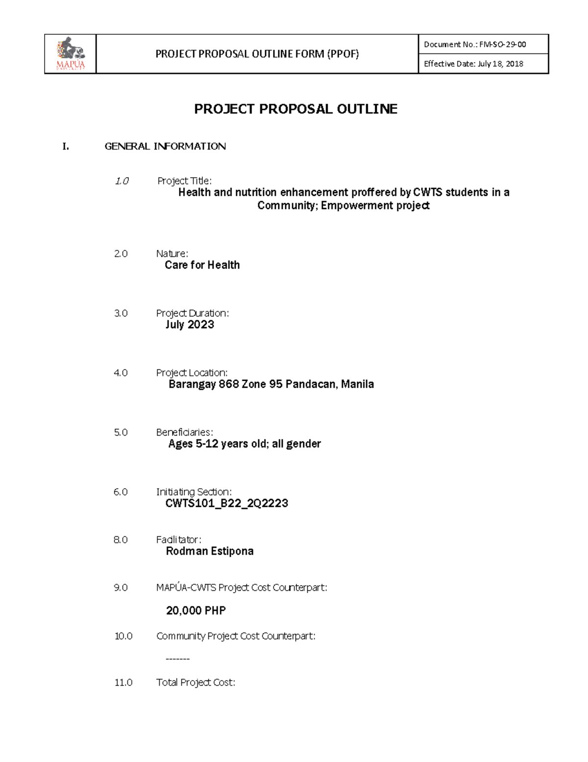 Form - Project Proposal Outline Form 2nd draft - PROJECT PROPOSAL ...