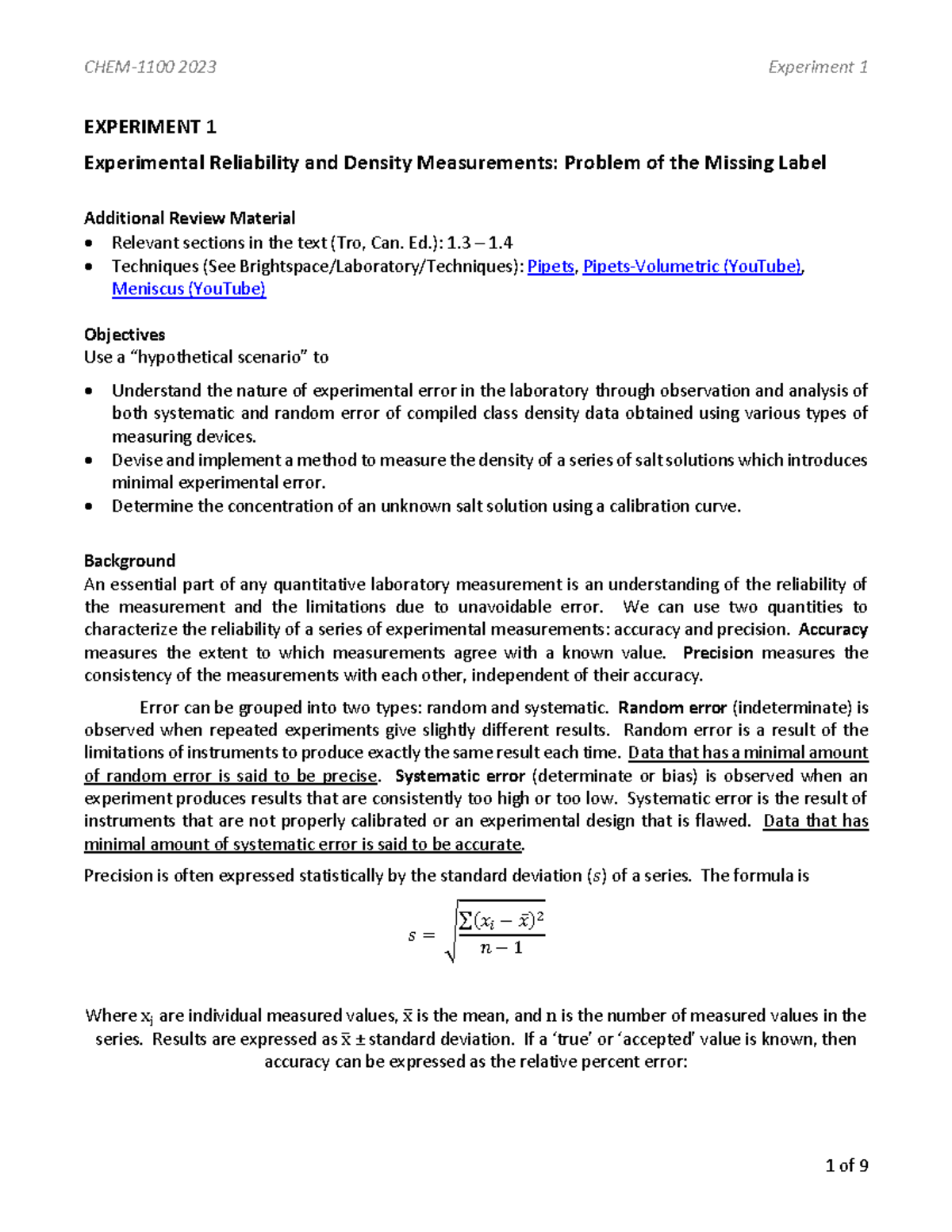 Exp 1 Experimental Reliability Experiment 1 Experimental Reliability And Density Measurements