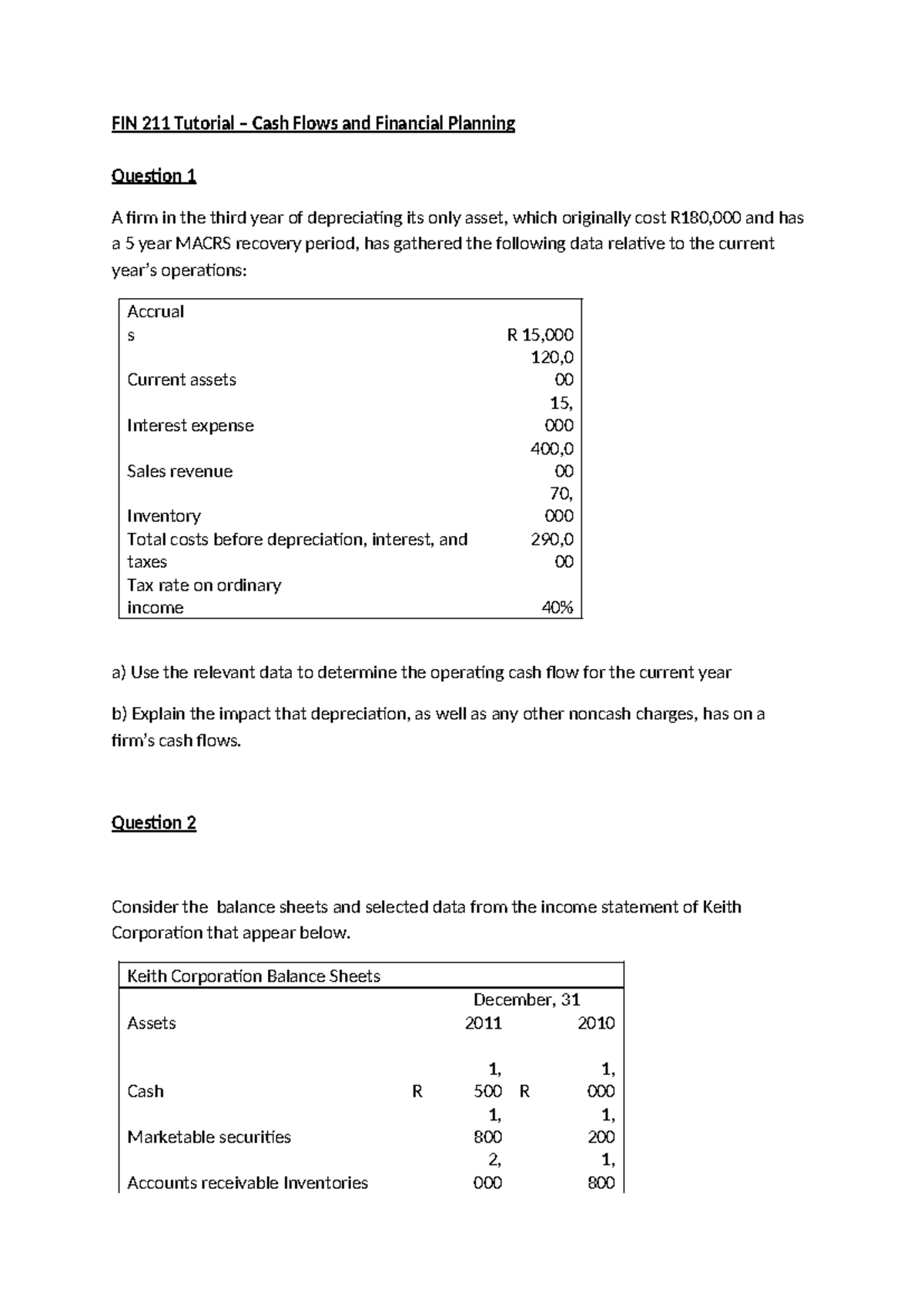 Tutorial 5 - Cash Flows - FIN 211 Tutorial – Cash Flows and Financial Planning Question 1 A firm ...