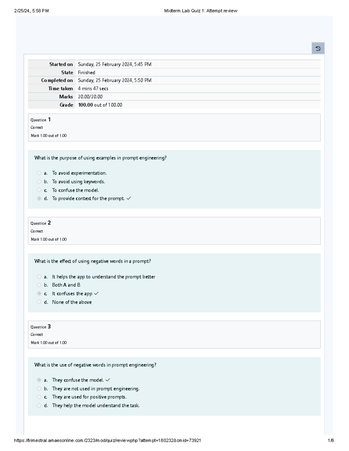 Ai6100 Ai Prompt Engineering Midterm Lab Quiz 1 Attempt Review 20 Started On Sunday 25