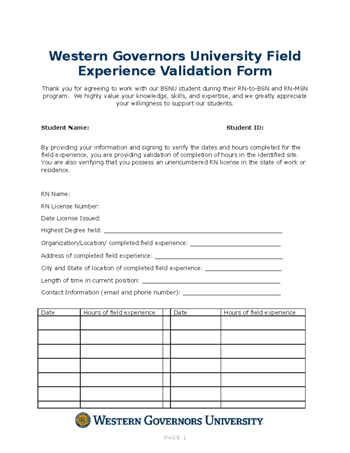 Field Experience Validation Form - Western Governors University Field ...