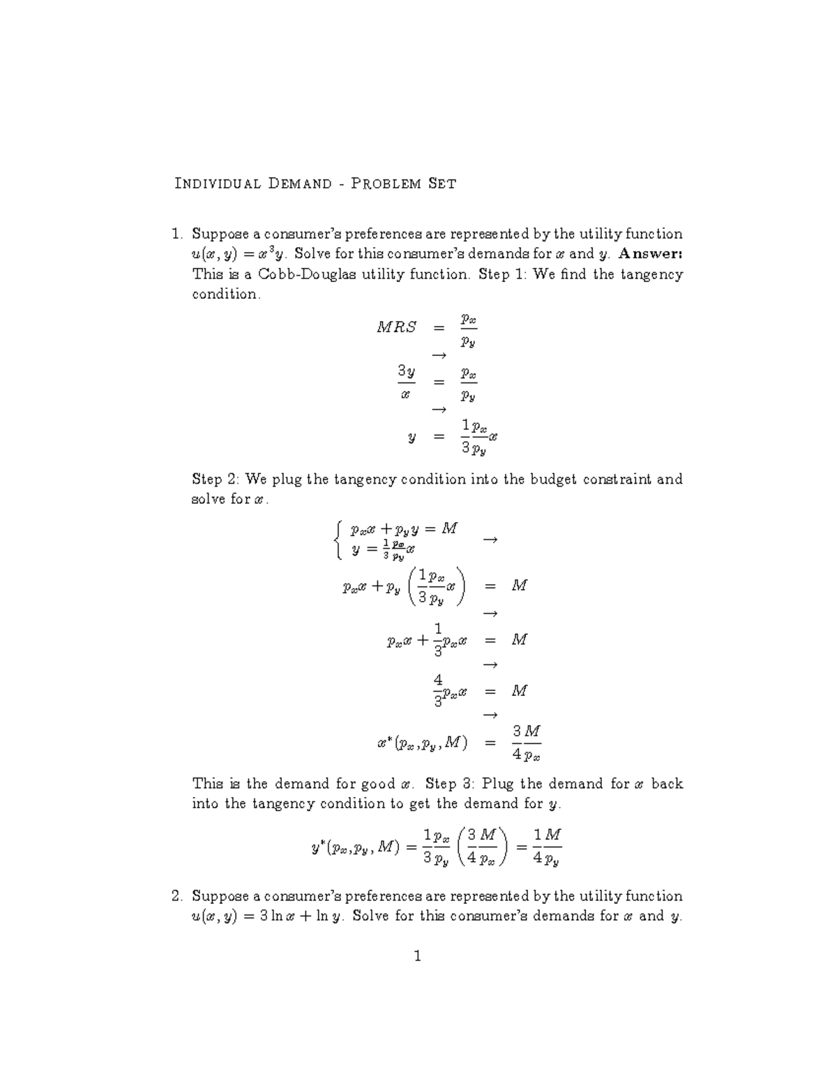 Lecture 9c Individual Demand Problem Set Solution - Individual Demand ...